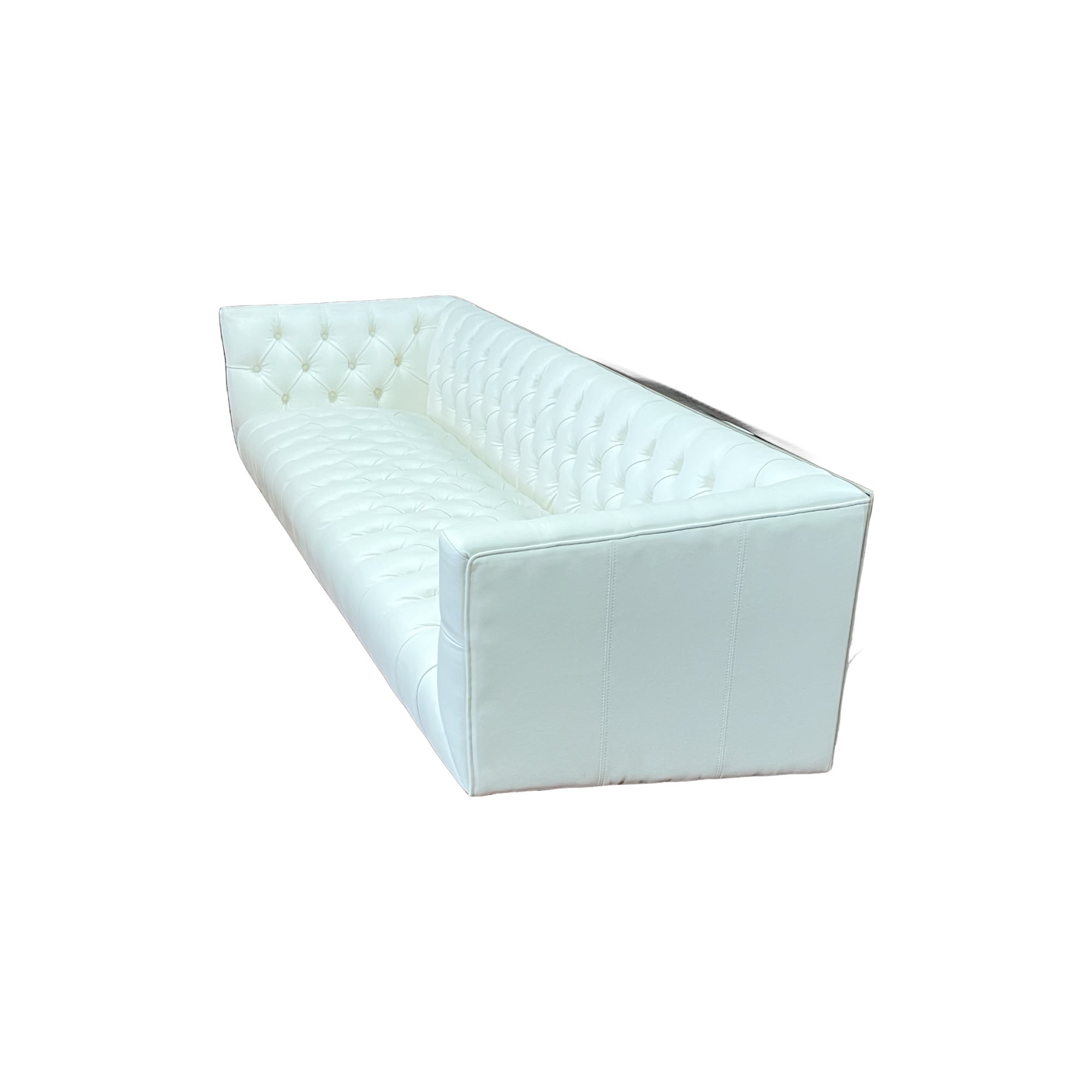 Designer, white, leather tufted sofa with chrome trim and feet ...